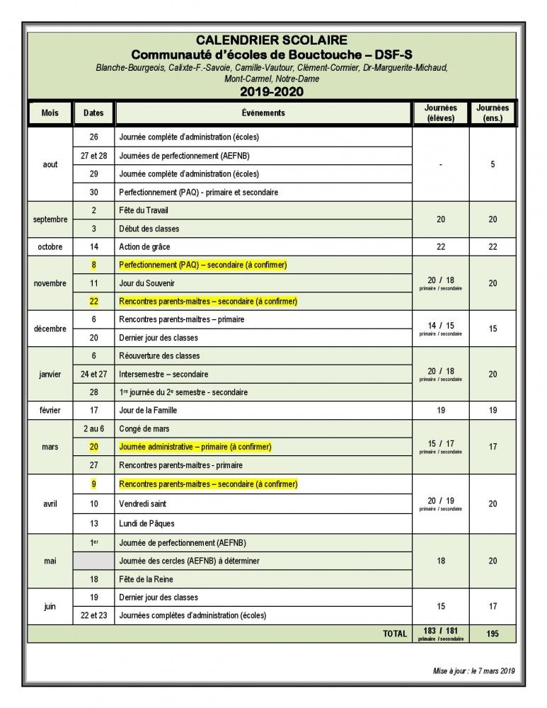 Calendrier scolaire - École Mont Carmel